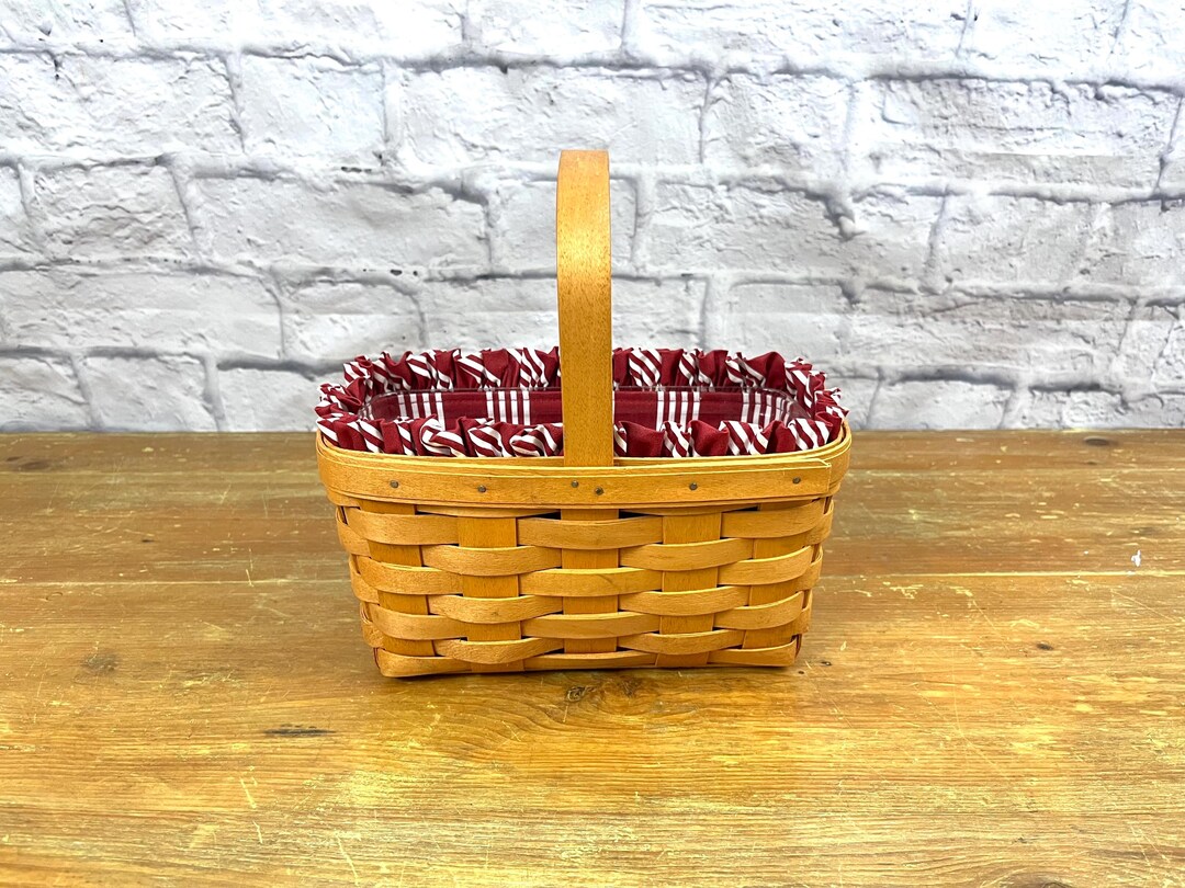 Vintage Longaberger Basket Lined Red and White Striped Fabric Plastic ...