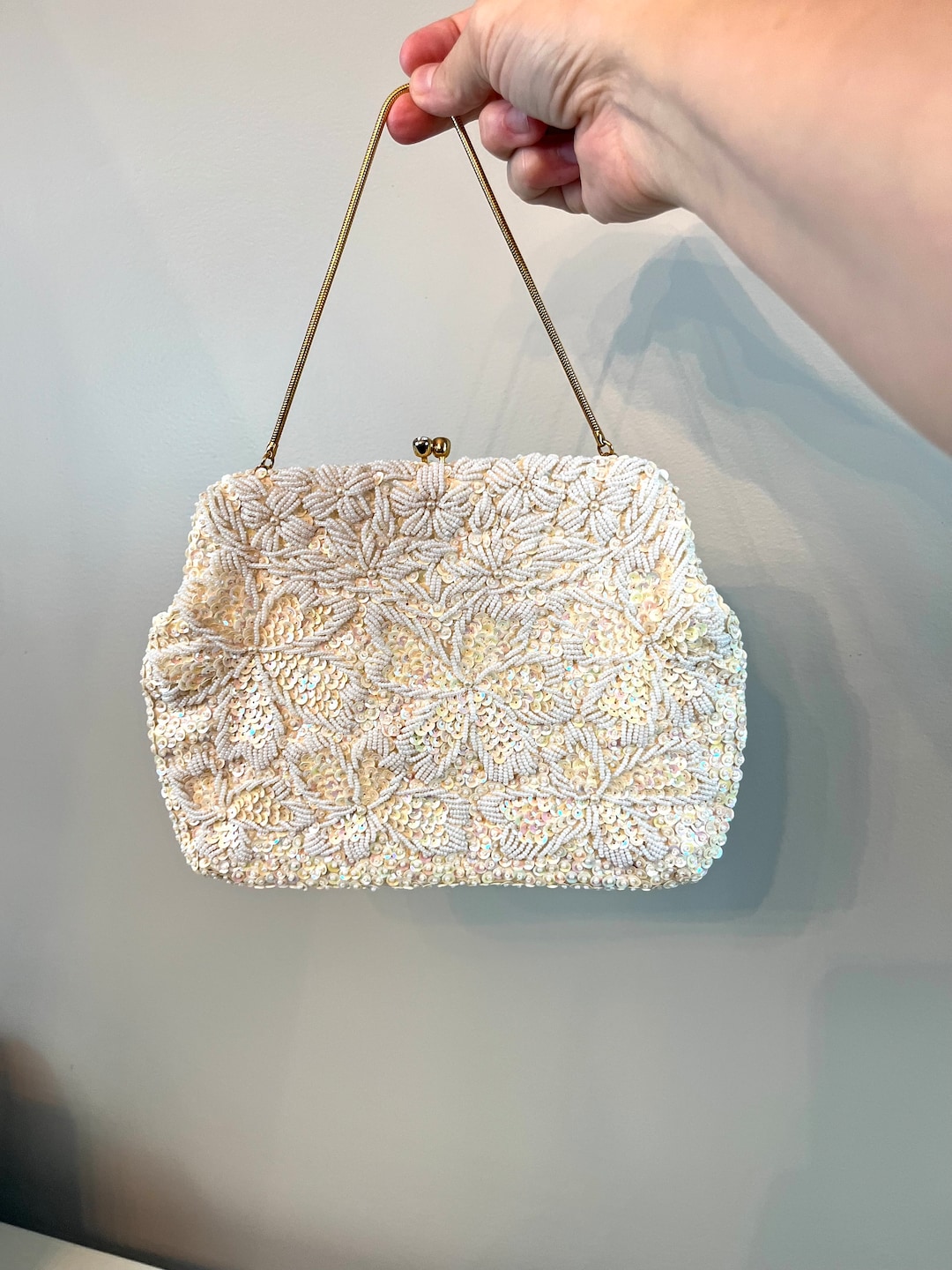 Mid Century Vivant by Sarne Sequin & Beaded White and Gold Evening Bag ...