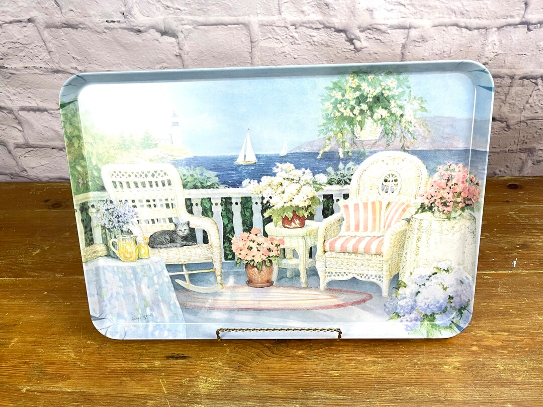 Vintage Oceanside Cottage Themed Drink Tray Cat on Wicker Chair Shabby ...