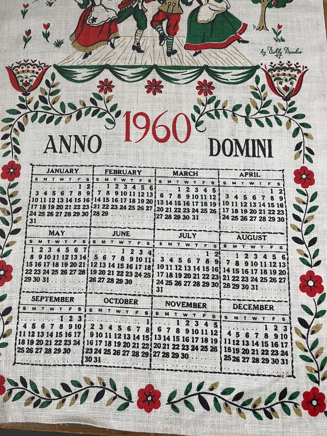 Vintage 1960 Calendar Linen Tea Towel Birth Year Gift Anniversary Gift ...