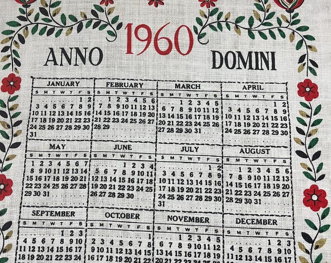 Vintage 1960 Calendar Linen Tea Towel Birth Year Gift Anniversary Gift ...