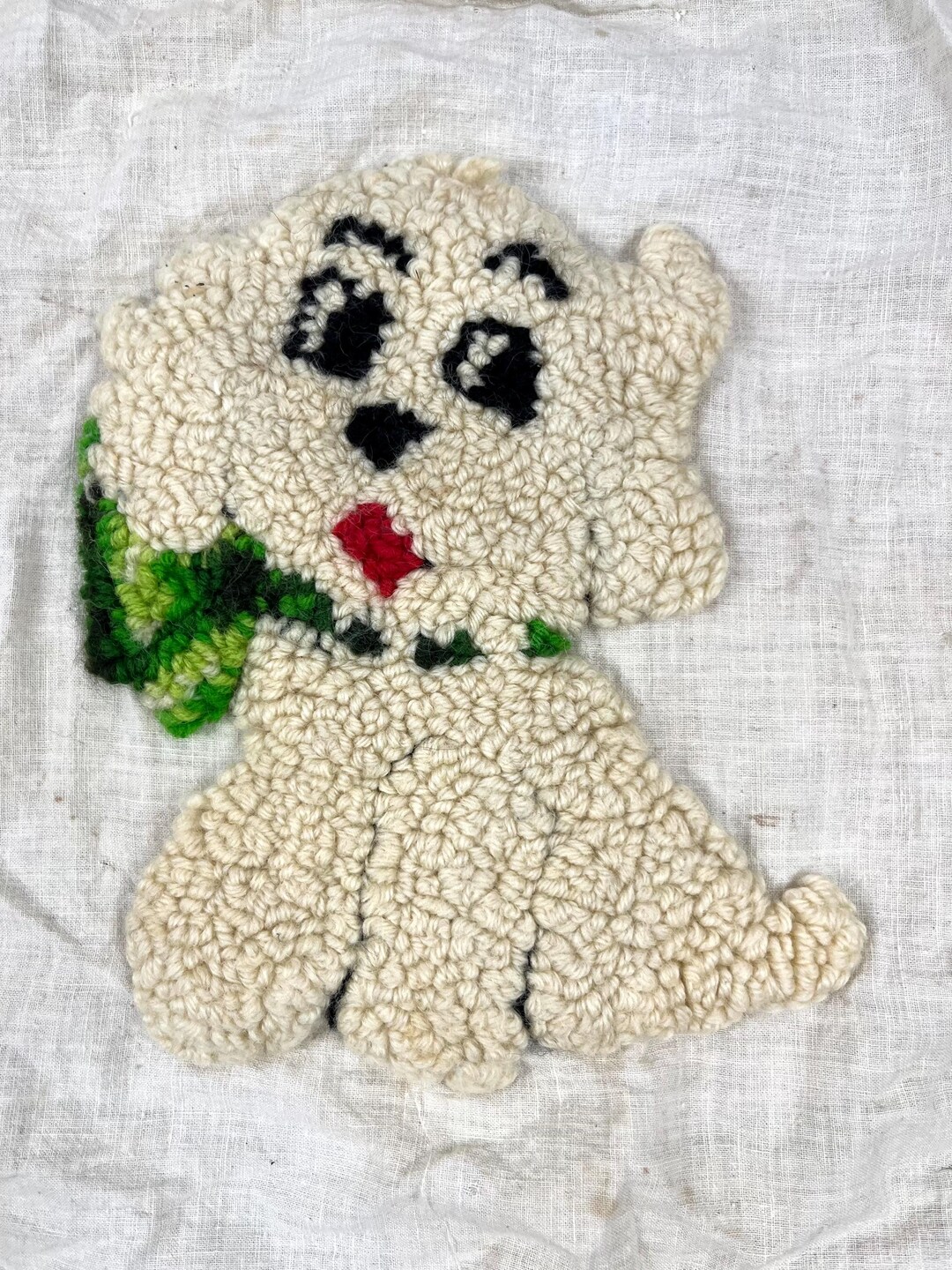 Vintage Hooked Needlework White Dog With Green Bow Punch Needle ...