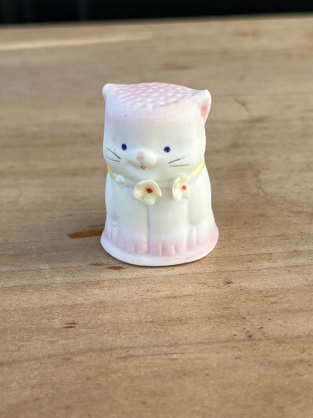 Vintage Cute Cat Thimble Pink and Yellow Porcelain Quilting Thimble Cat ...