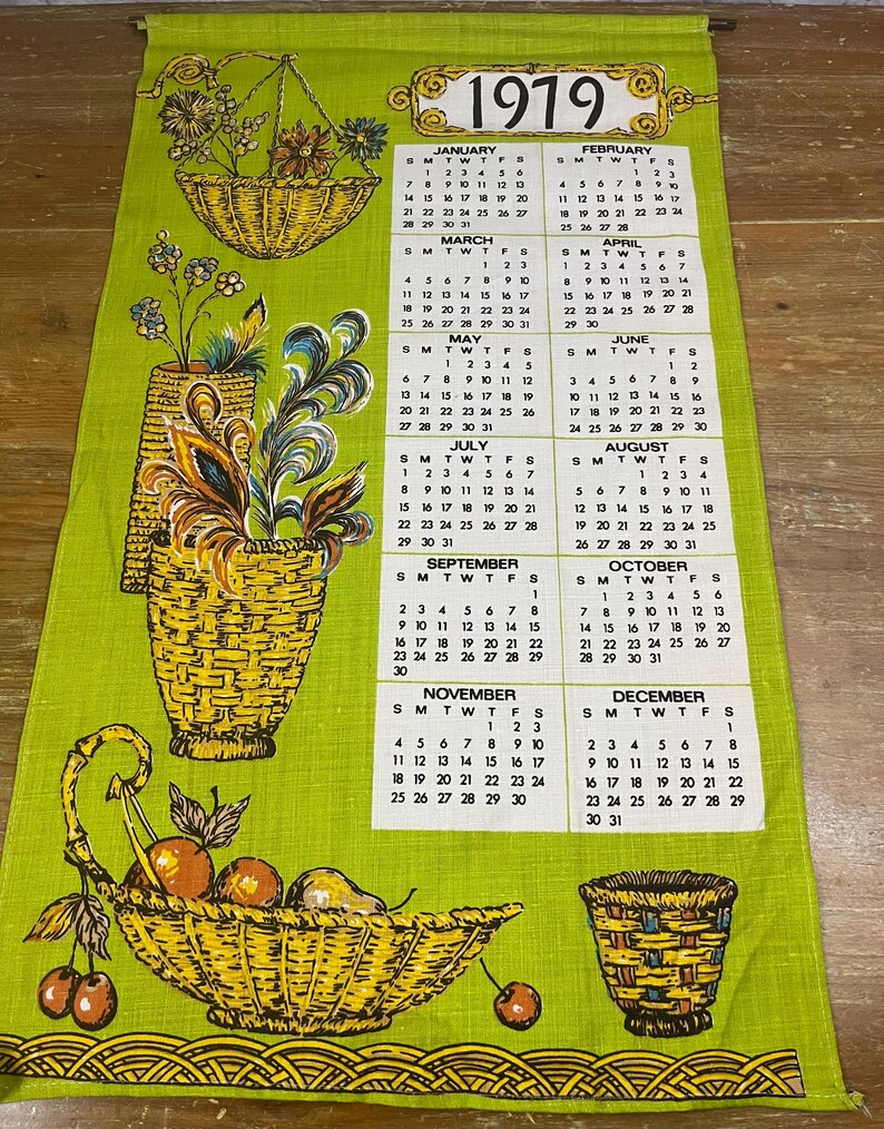Vintage 1979 Calendar Linen Tea Towel Birth Year Gift Anniversary Gift ...