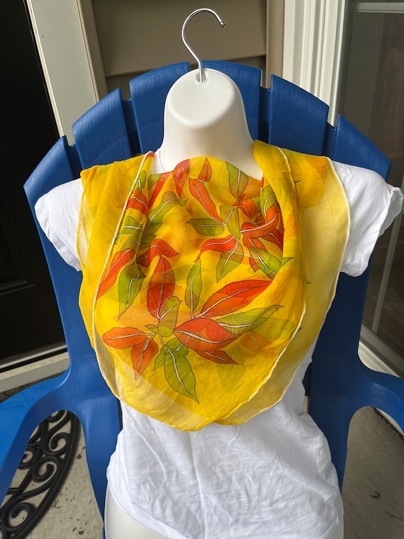 Vintage 70s sheer mustard yellow leafy orange scarf l… - Gem