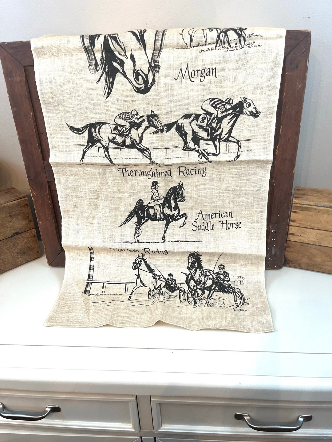 Vintage Linen Horse Racing Themed Kitchen Tea Towel American Saddle ...