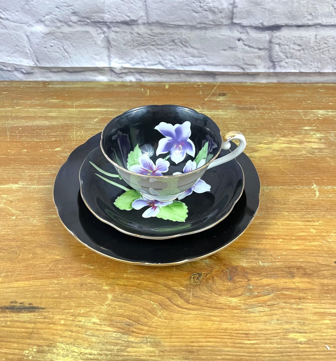 Vintage Porcelain Black Teacup Purple Flowers Triple Set Teacup With ...