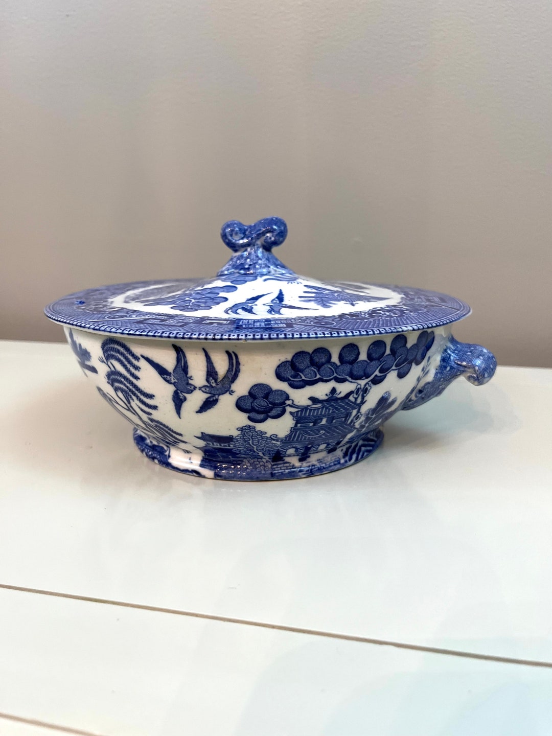 Vintage Ridgeway Blue Willow Large Lidded Vegetable Dish Birds ...
