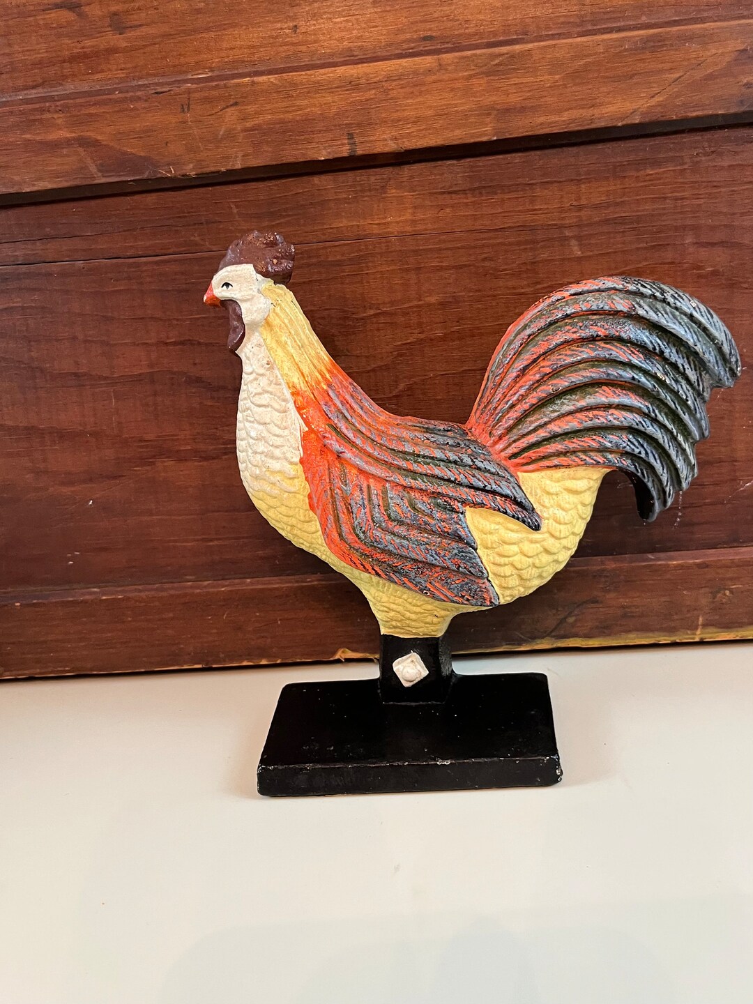 Vintage Cast Iron Rooster Door Stop Yellow Orange Black & White Rooster ...