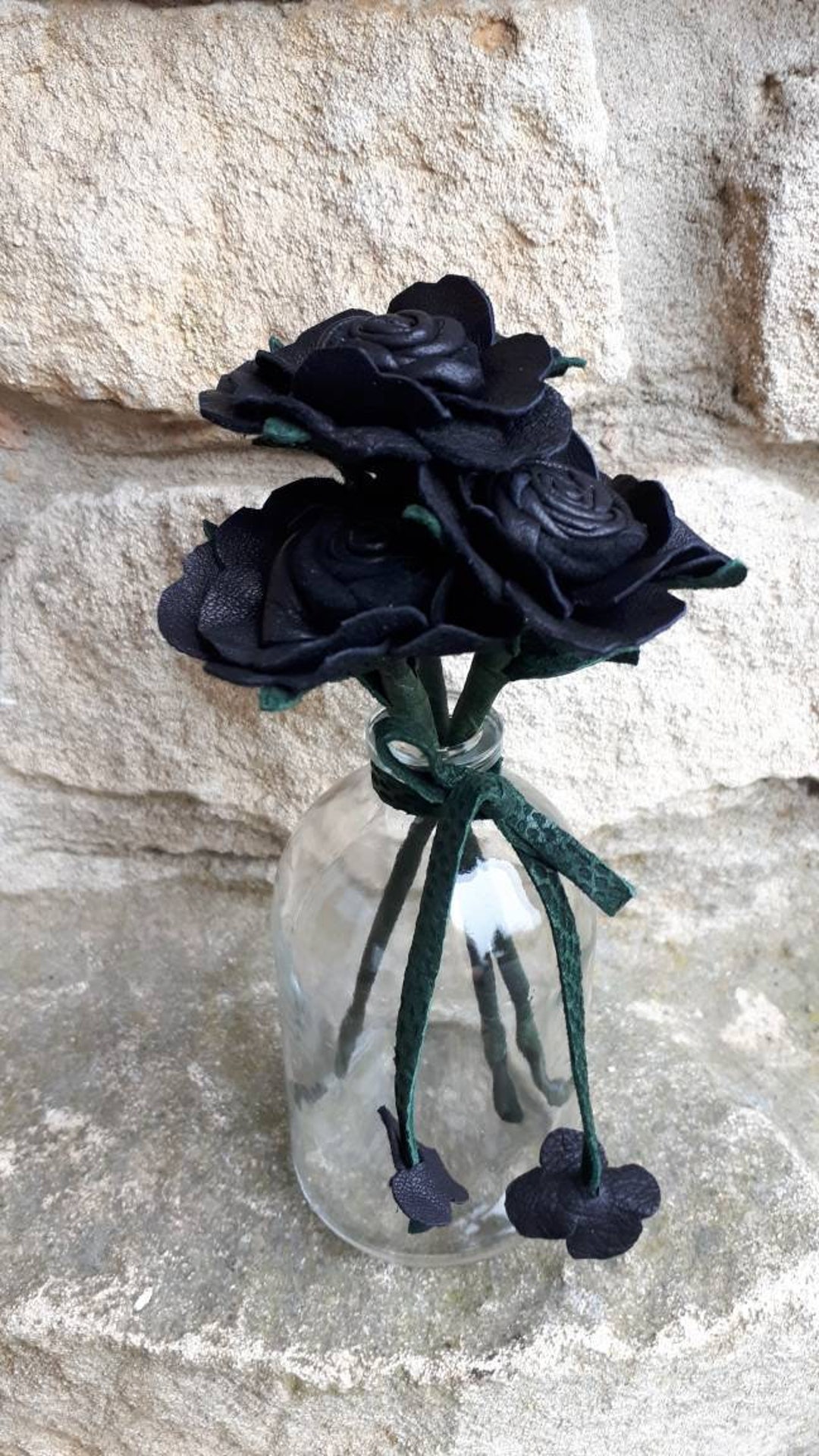 3rd Anniversary Gift Black Leather Roses Trio in Small Glass - Etsy