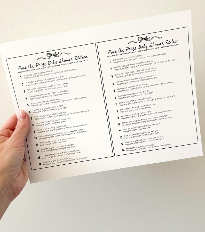 Baby Shower Pass the Gift Rhyme Game | Printable Gift Passing Poem ...