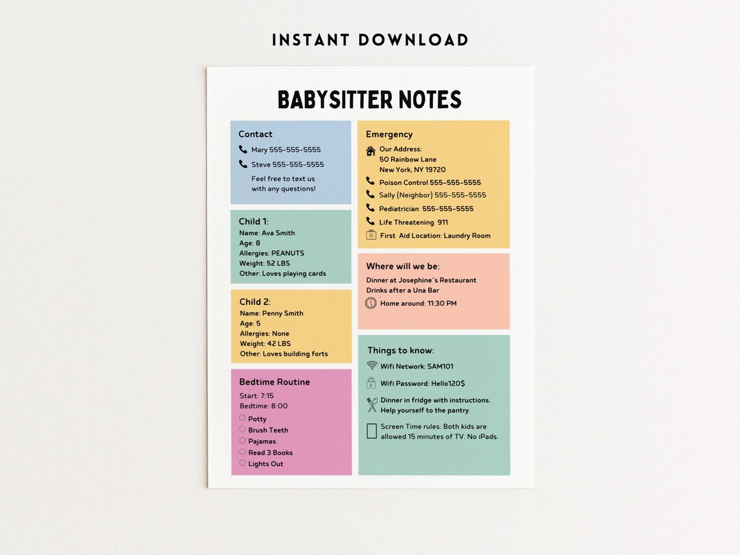 Editable Babysitter Notes Printable | Nanny Information Sheet ...