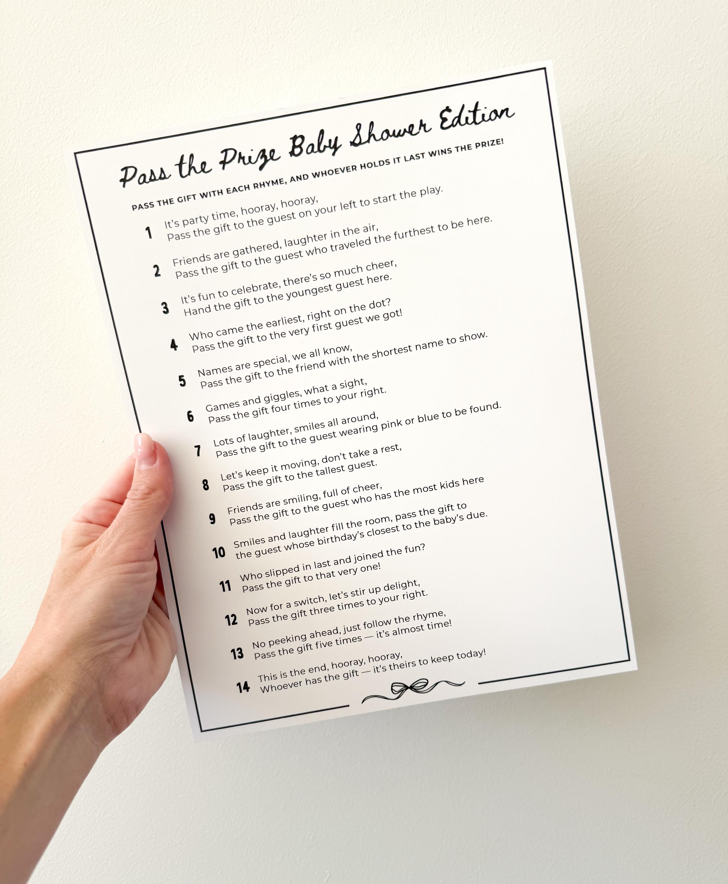 Baby Shower Pass the Gift Rhyme Game | Printable Gift Passing Poem ...
