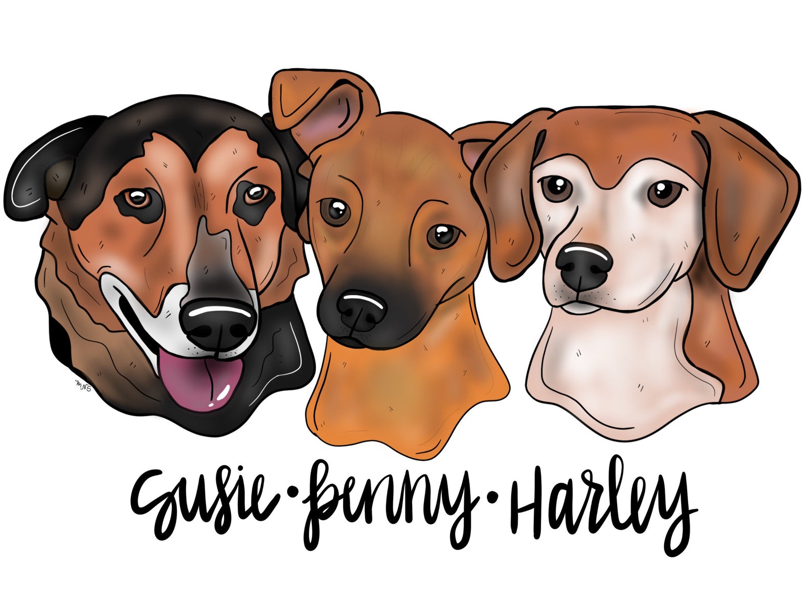 Three Pet Digital Pet Portrait Digital Dog Portrait Digital | Etsy