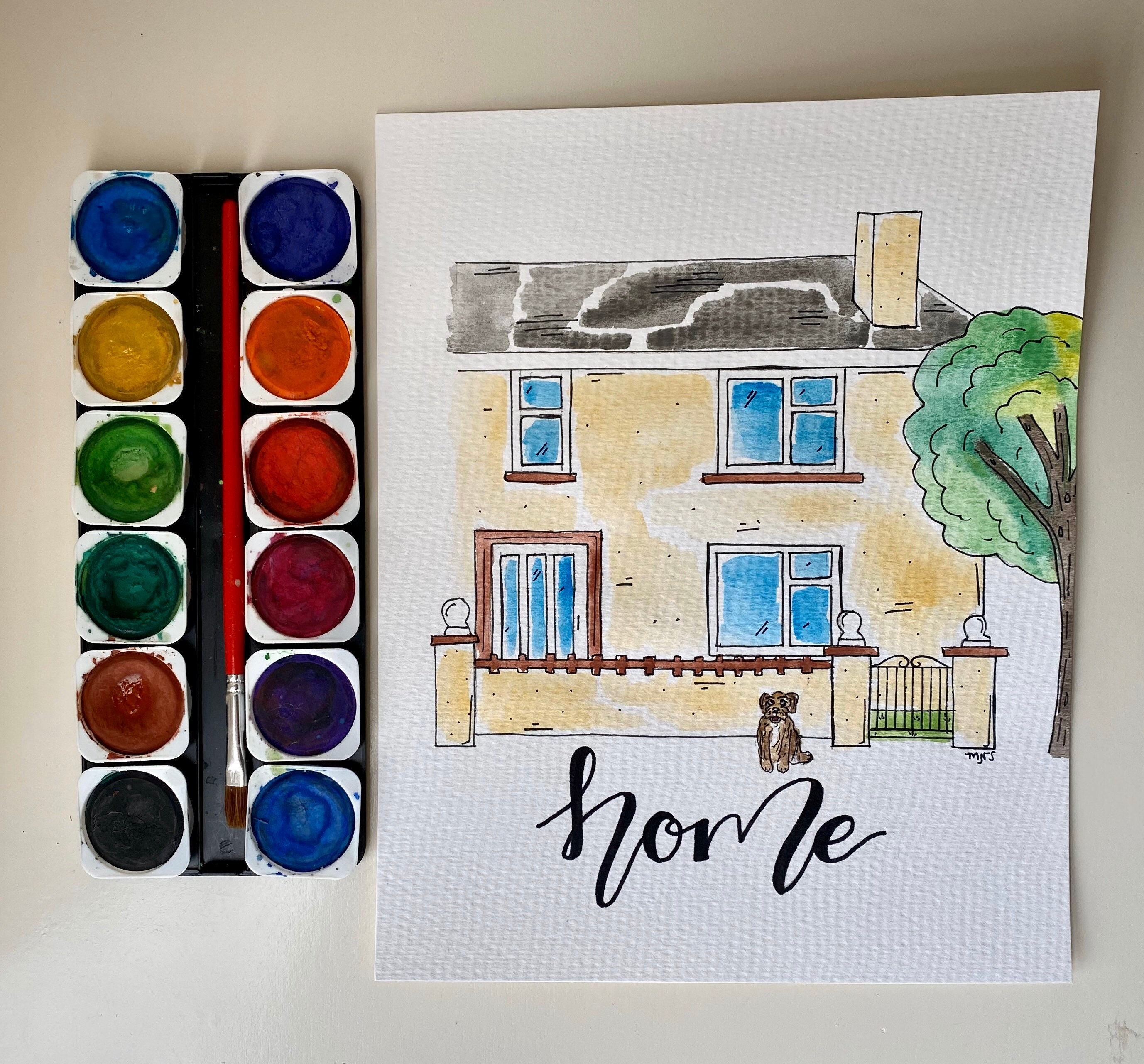 Water Color Home Painting with 1 2 Pets Water Color | Etsy