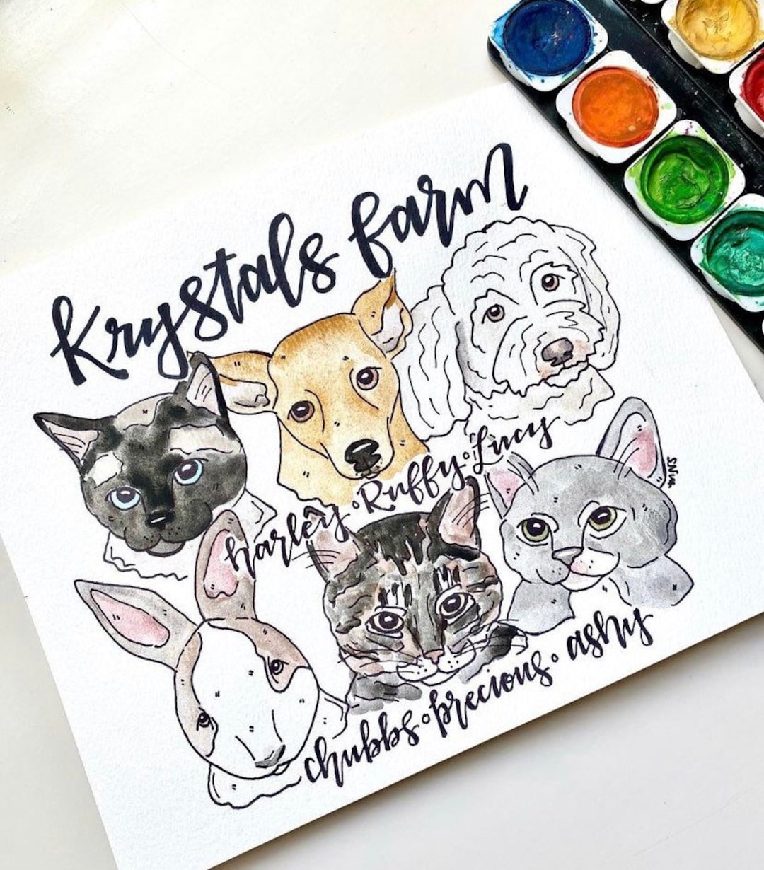 Hand Painted Multiple Pet Portrait, Pet Water Color Portrait, Pet ...