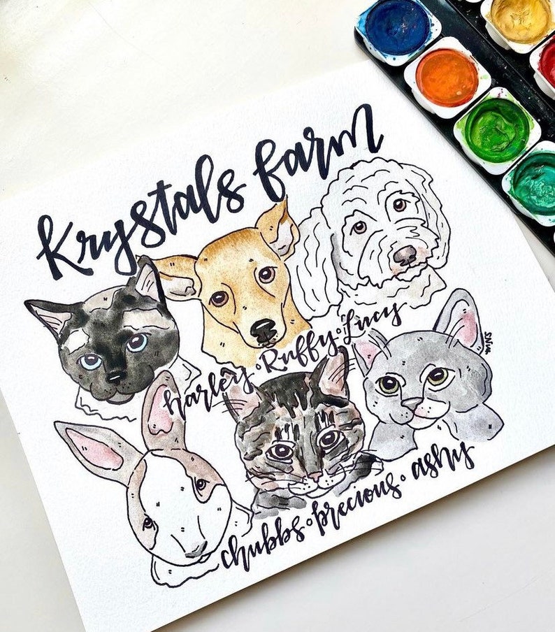 Hand Painted Multiple Pet Portrait Pet Water Color Portrait - Etsy