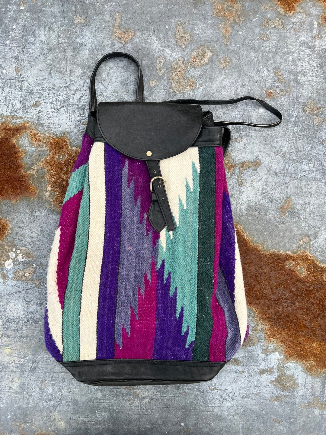 Vintage Wool & Leather Drawstring Pouch Large Backpack Aztec Print ...