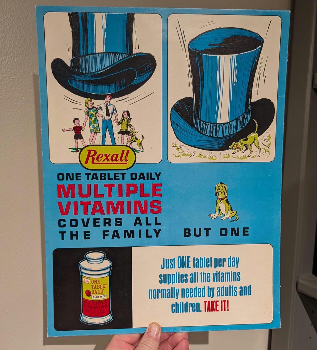 1960s Rexall Multiple Vitamins Sign - Old & Original Cardboard Sign ...