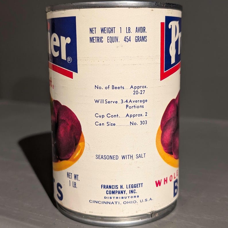 1960s Premier Tiny Tot Beets Can Label on Can - Leggett, Cincinnati ...