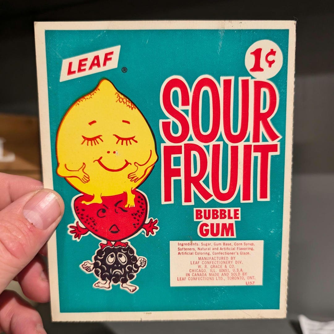 NOS 1960s Leaf Sour Fruit Gum Gumball Machine Price Sign - Cardboard ...