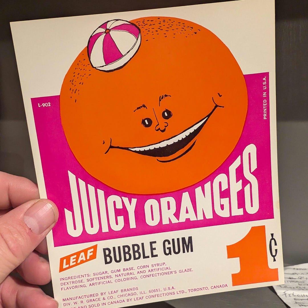 1960s Leaf Juicy Orange Gumball Machine Price Sign Cardboard Store Sign ...