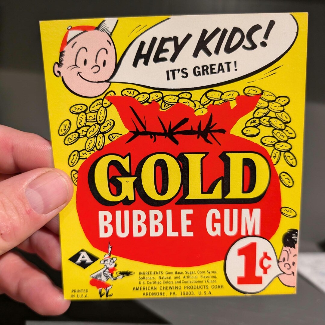 NOS 1960s Gold Bubble Gum Gumball Machine Price Sign - Cardboard ...