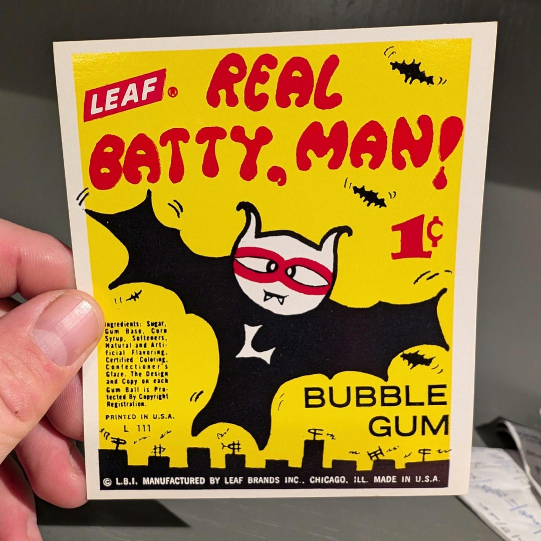 NOS 1960s Leaf Real Batty Man Gumball Machine Price Sign - Cardboard ...