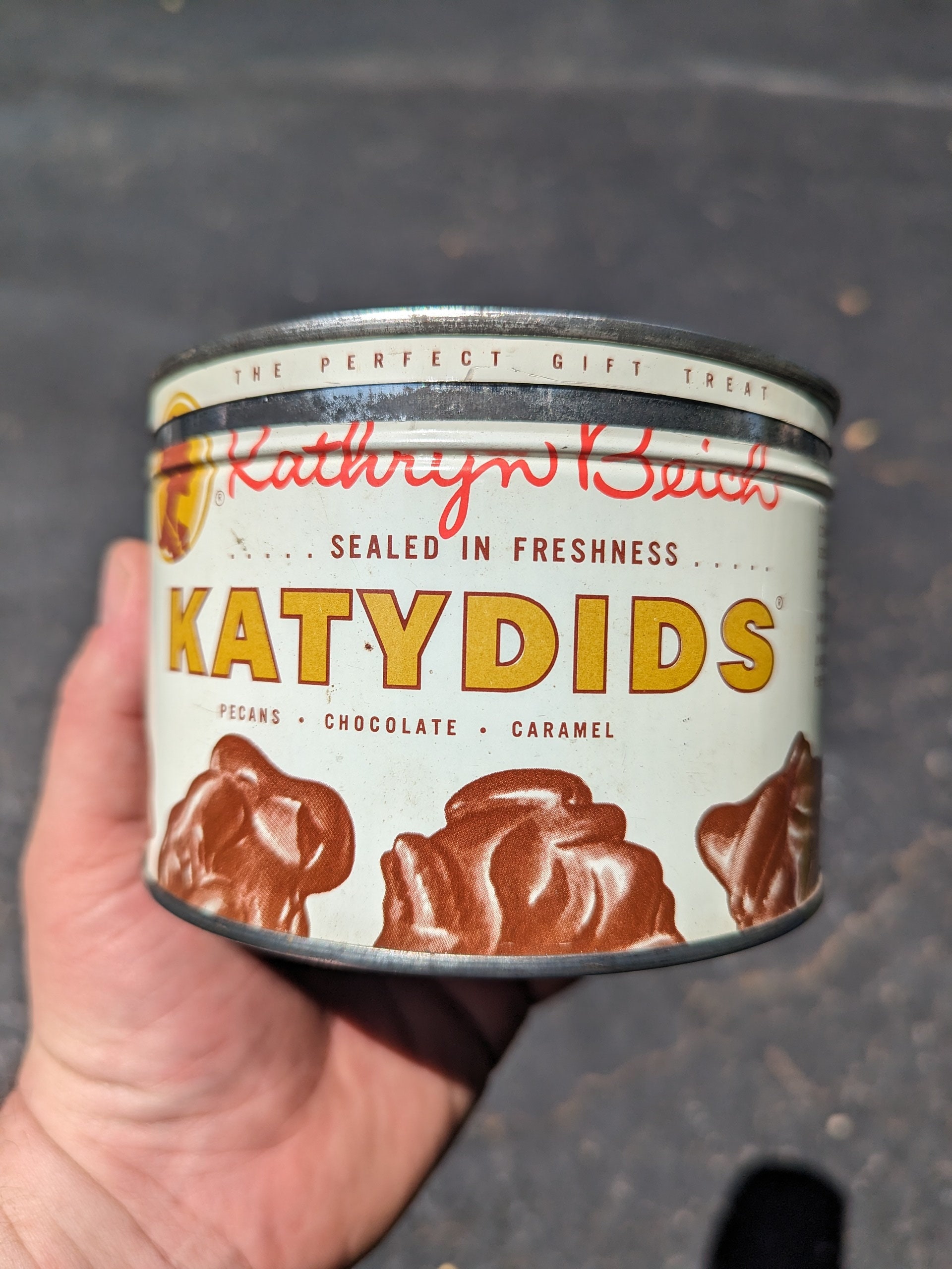 Katydids Candy In A Can 1960's Kathryn Beich Candy Tin, Katydids