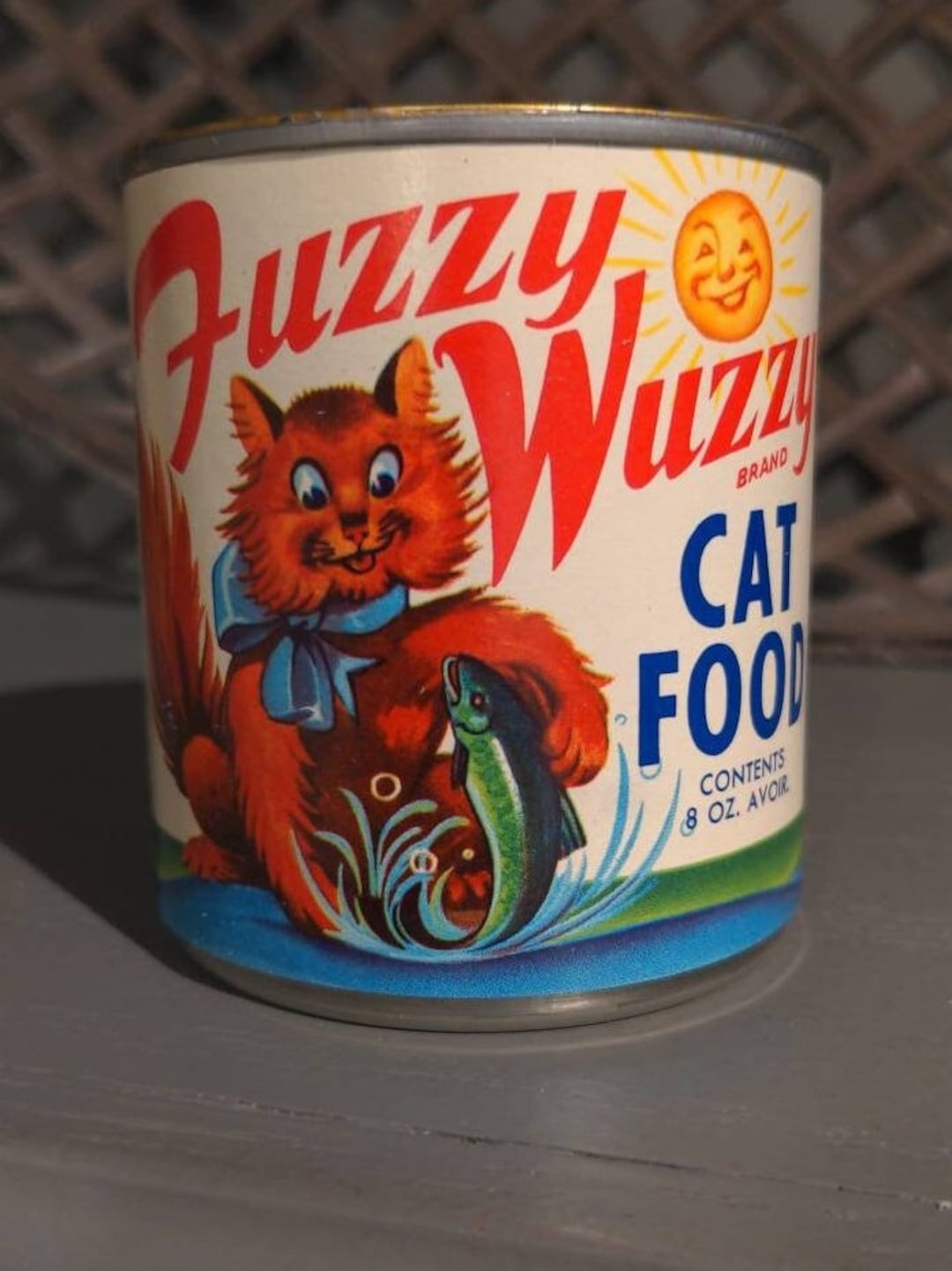 1960's Fuzzy Wuzzy Cat Food Can Label on Can Sherman Debbie Fisheries ...