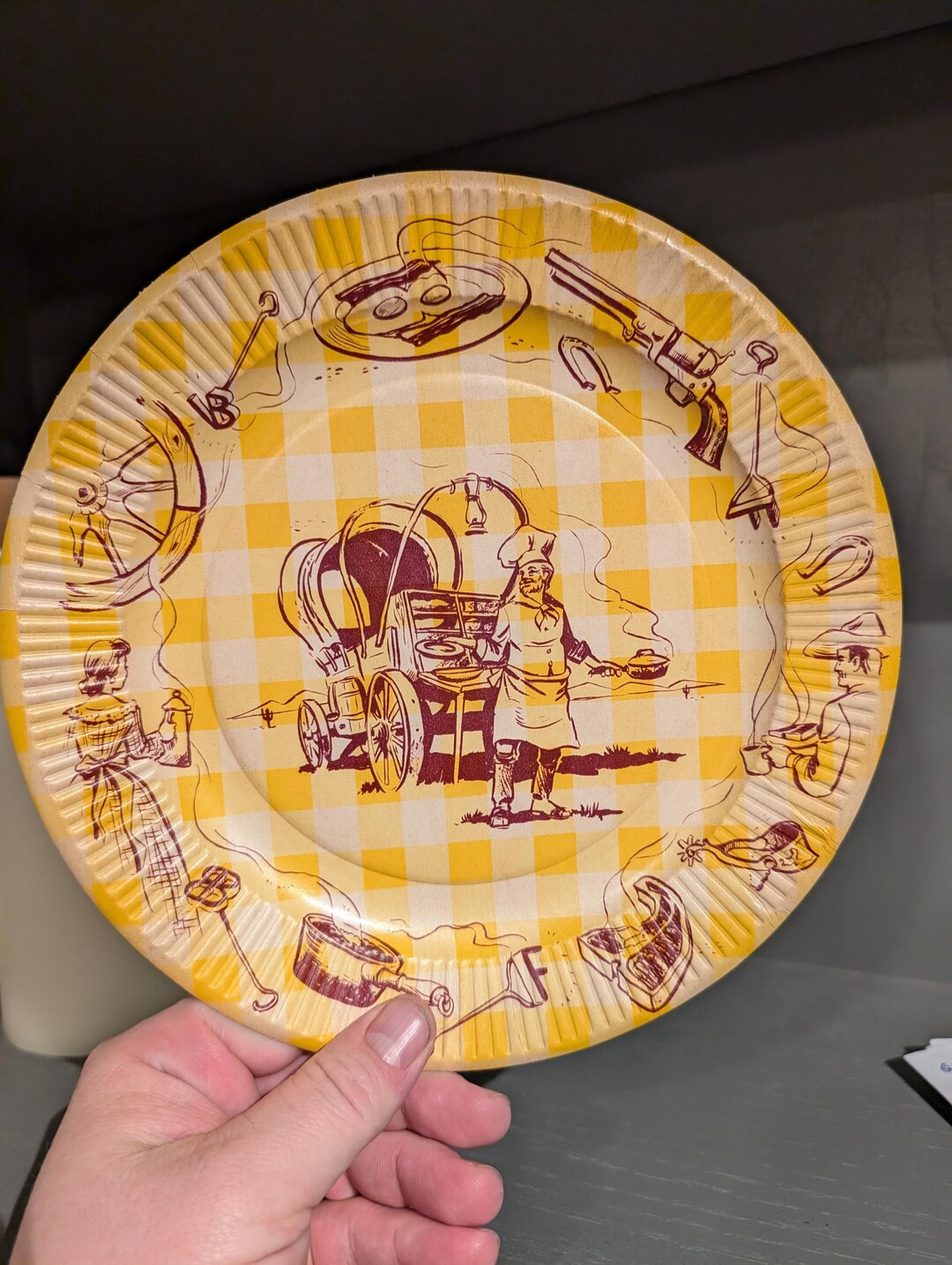 NOS 50s 60s Chuck Wagon Yellow Plaid Round up Western Themed Cowboy ...