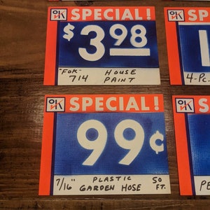 5 1/2 X 7 OK Farewell Hardware Store 1960's Hardware Store Price Sign ...