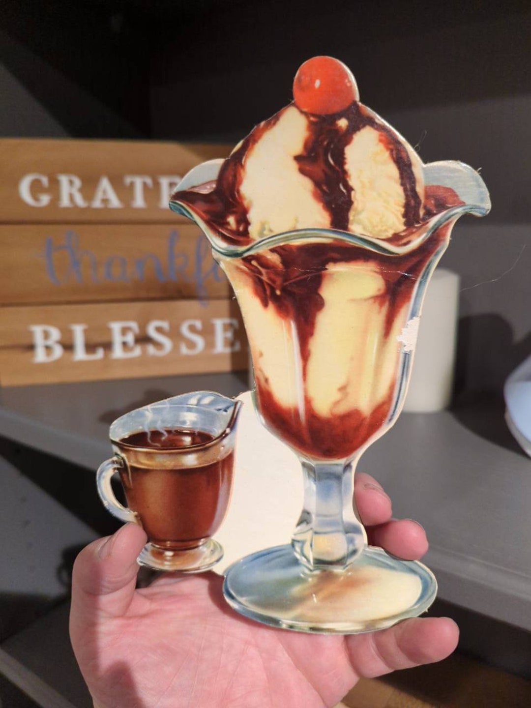 Vintage 1940's Hot Fudge Ice Cream Sundae - Die Cut Soda Fountain Sign ...