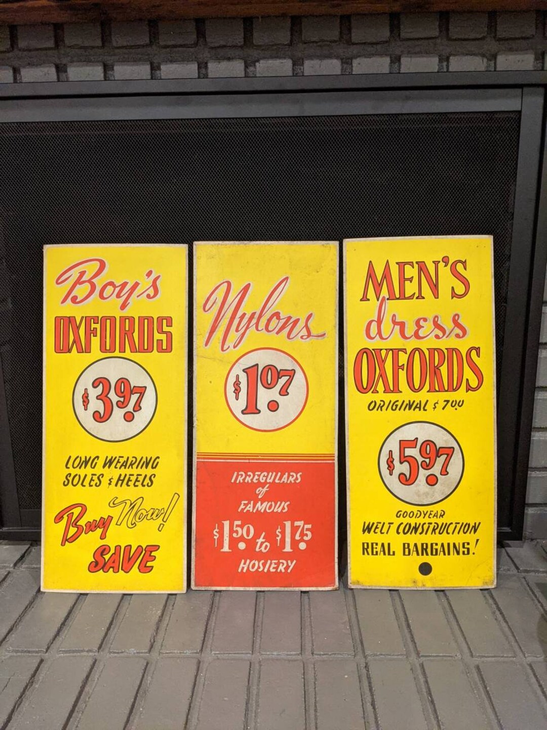 Large, Original 1940's Bargains Signs: Mens Dress Oxfords, Nylons, Boys ...