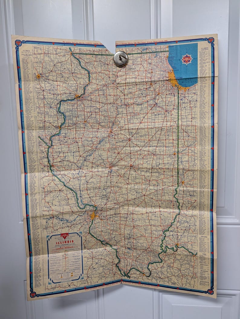1940's Conoco Road Map of Illinois Old & Original - Vintage Map - Etsy