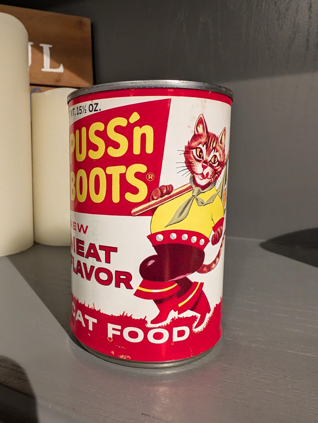 1940's Puss N Booths Meat Flavor Cat Food Can Label on Can Quaker Oats ...