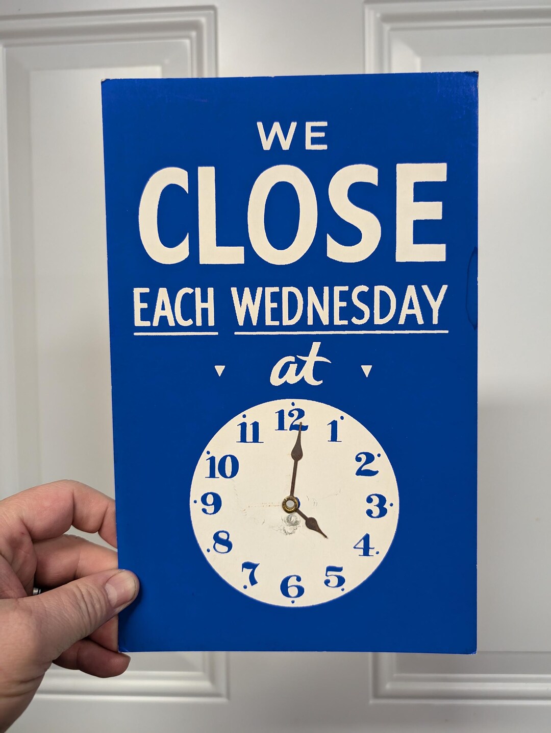 1960s Closed on Wednesday Clock Cardboard Sign - Vintage Repair Shop ...