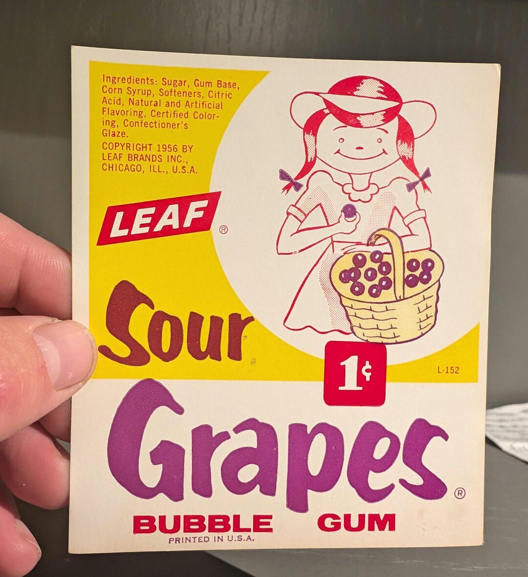 NOS 1950s Leaf Sour Grapes Gum Gumball Machine Price Sign - Cardboard ...