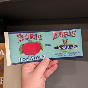 1940's 30s Boris Brand Tomatoes Can Label on Can, Mount Airy Canning ...