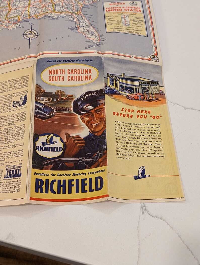 1940's Richfield Oil Company Road Map of North Carolina/south Carolina ...
