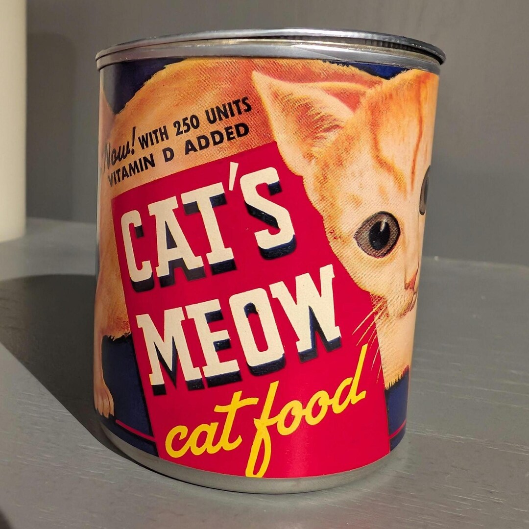 1940s Cat's Meow Cat Food Can Label on Can - Foster Canning, Napoleon ...