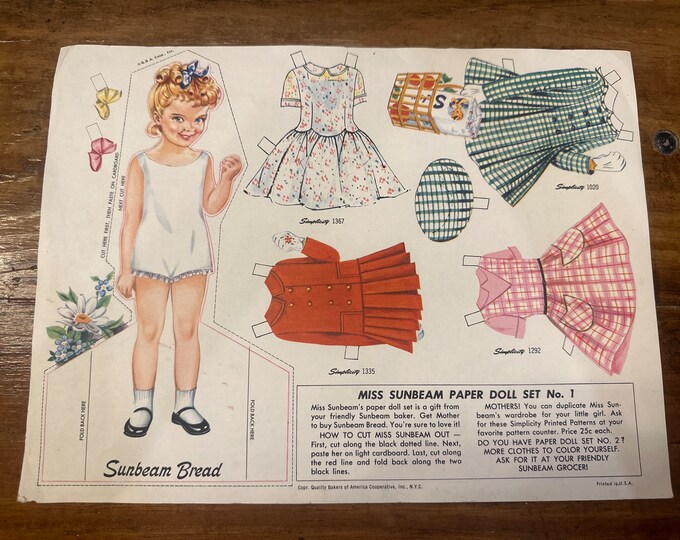 Original 1960's Vintage Sunbeam Bread Cut Out Paper Dolls - Old ...