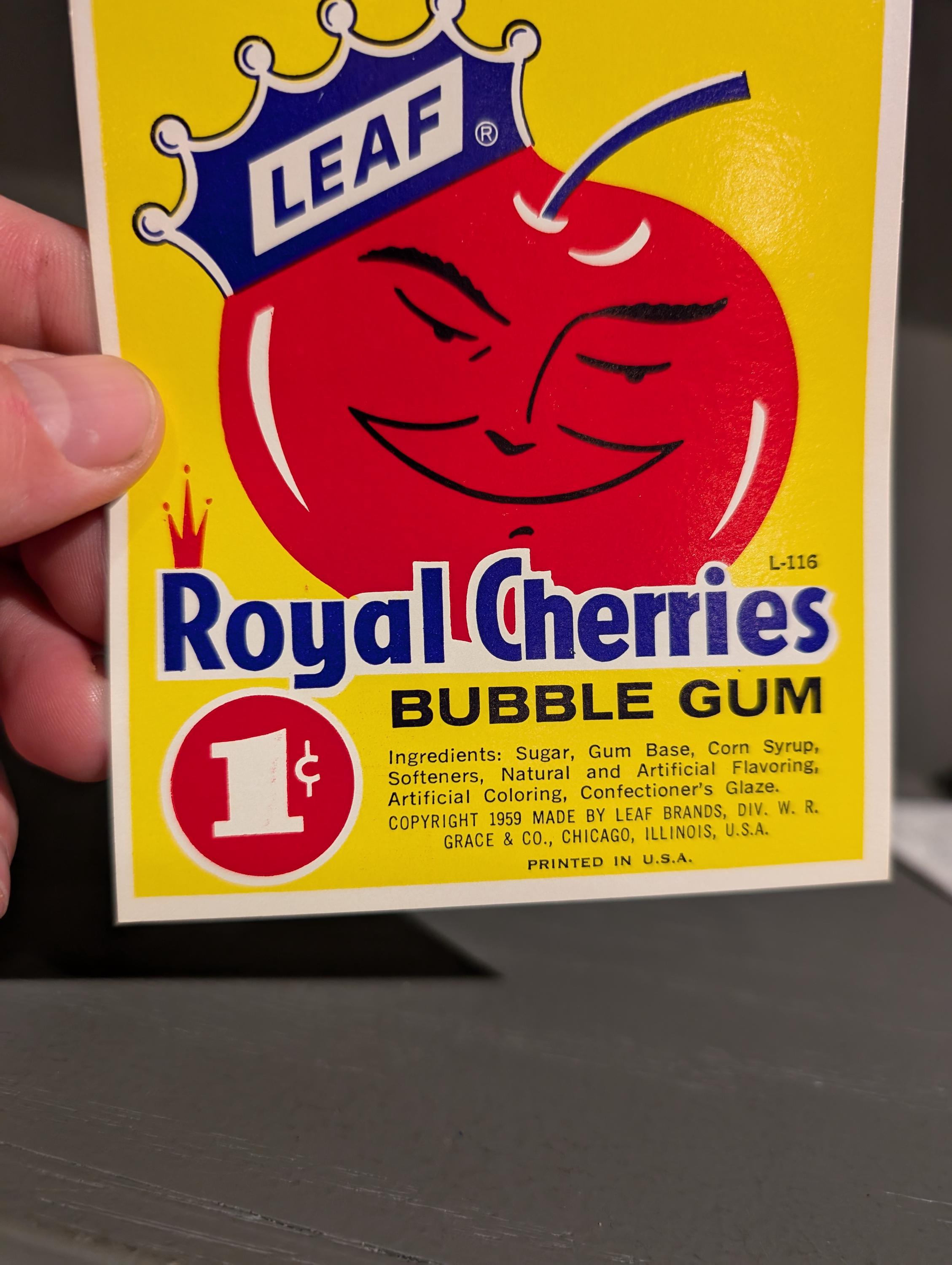 NOS 1950s Leaf Royal Cherries Gumball Machine Price Sign - Cardboard ...