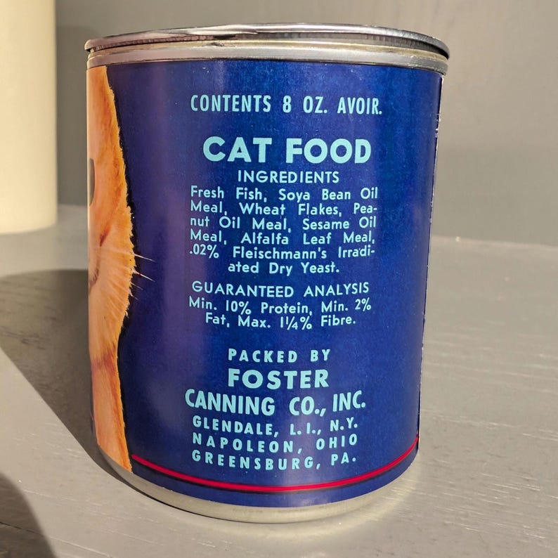 1940s Cat's Meow Cat Food Can Label on Can - Foster Canning, Napoleon ...