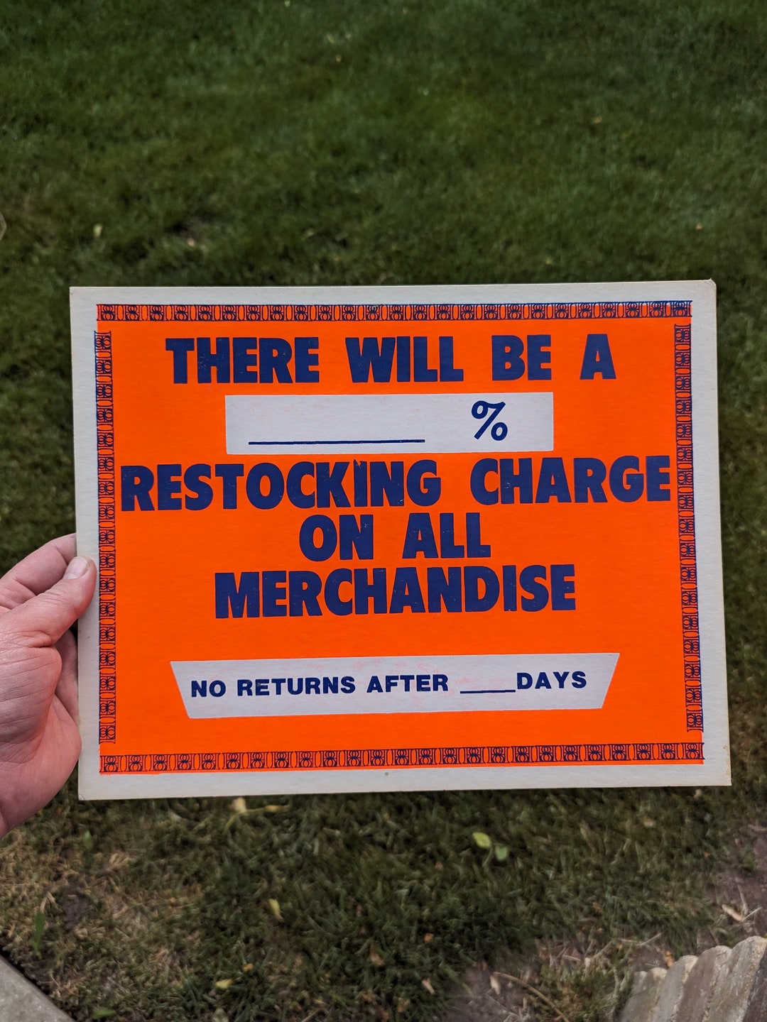 Original 1970s 1980s Restocking Charge for Merchandise Cardboard Sign ...
