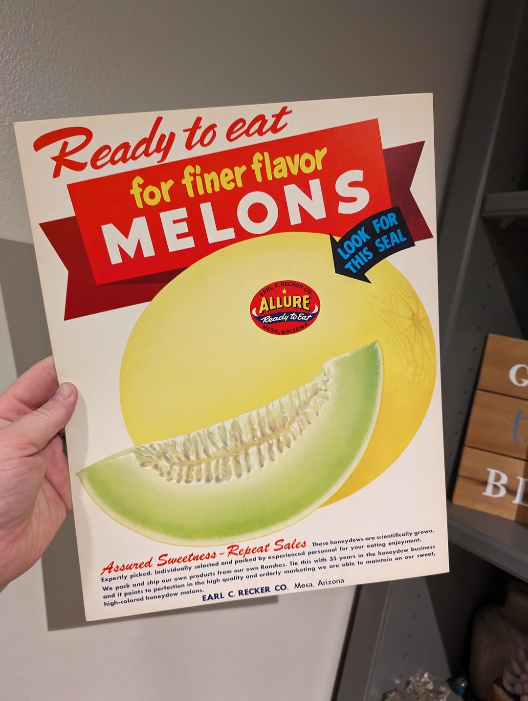 1940s 50s 60s Allure Melons Fruit Sign - Old & Original Grocery Sign ...