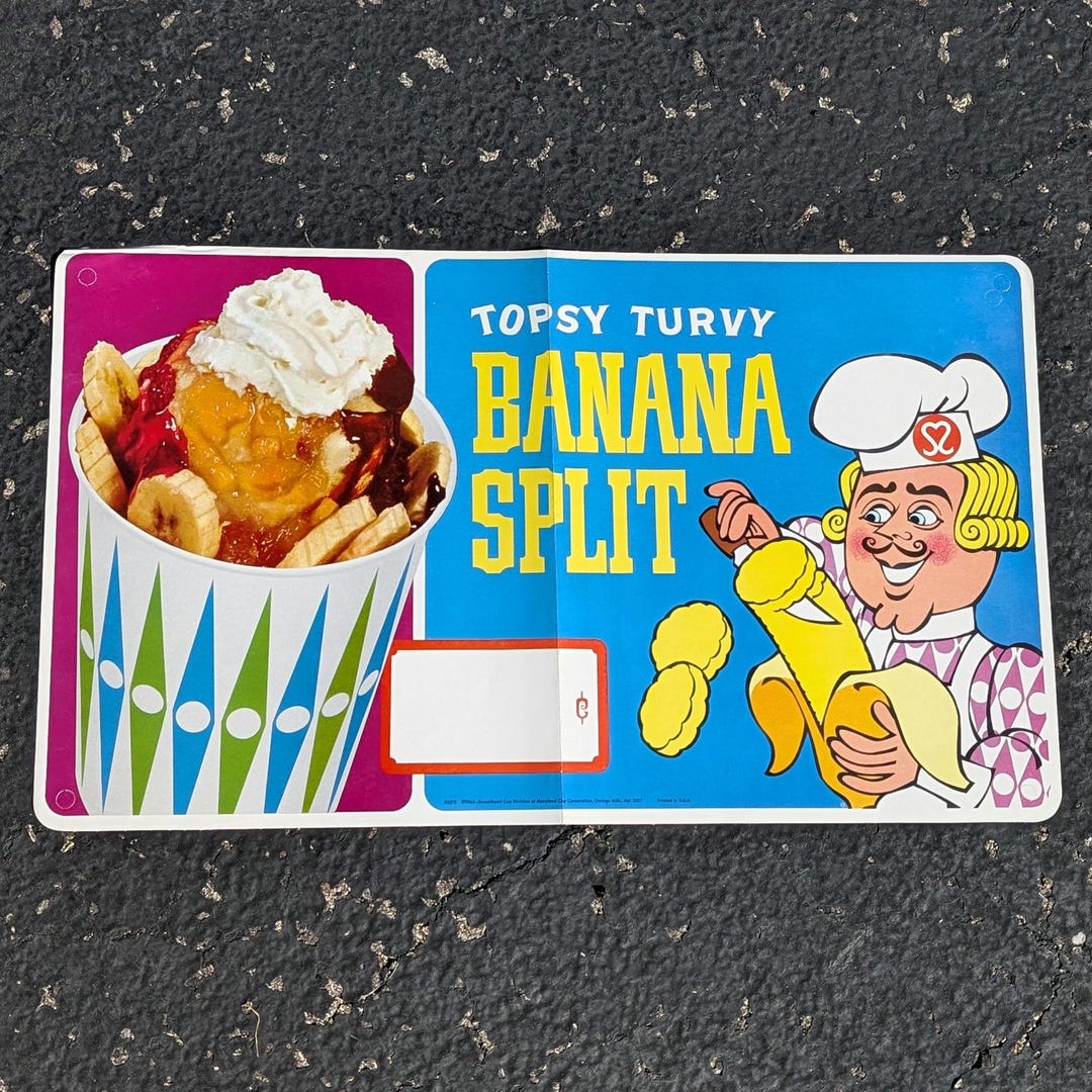 NOS 1965 Topsy Turvy Banana Split Ice Cream Sign Restaurant Poster ...