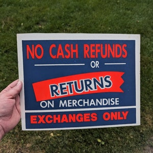Original 1970s 1980s No Cash or Refunds Cardboard Sign Vintage Sign ...