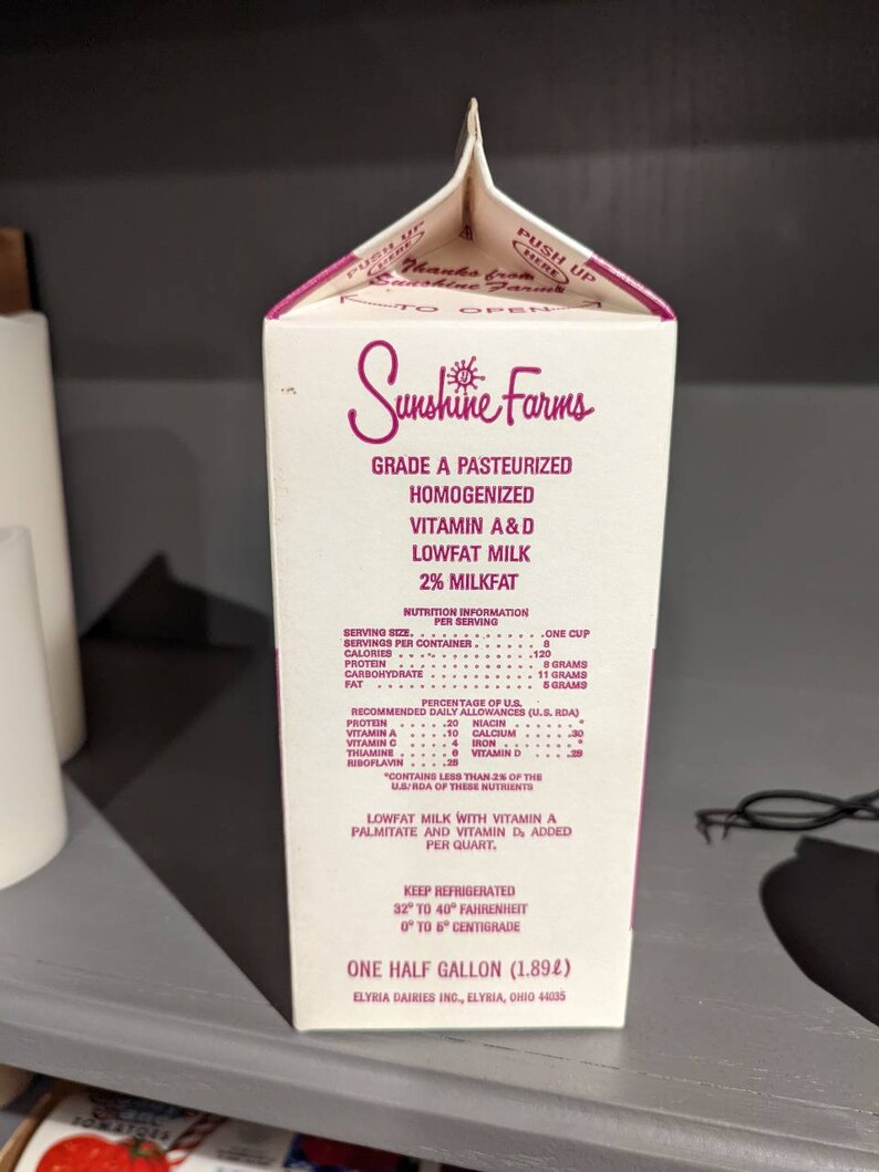 NOS 1980's Sunshine Farms Dairy Milk Waxed Milk Carton or Container ...