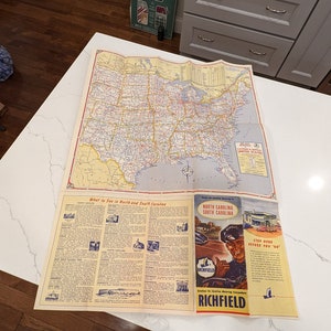 1940's Richfield Oil Company Road Map of North Carolina/south Carolina ...